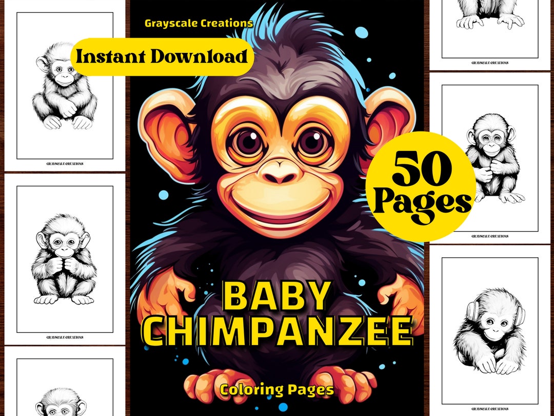 50 Baby Chimpanzee Animal Coloring Page Book, Woodland Wildlife ...