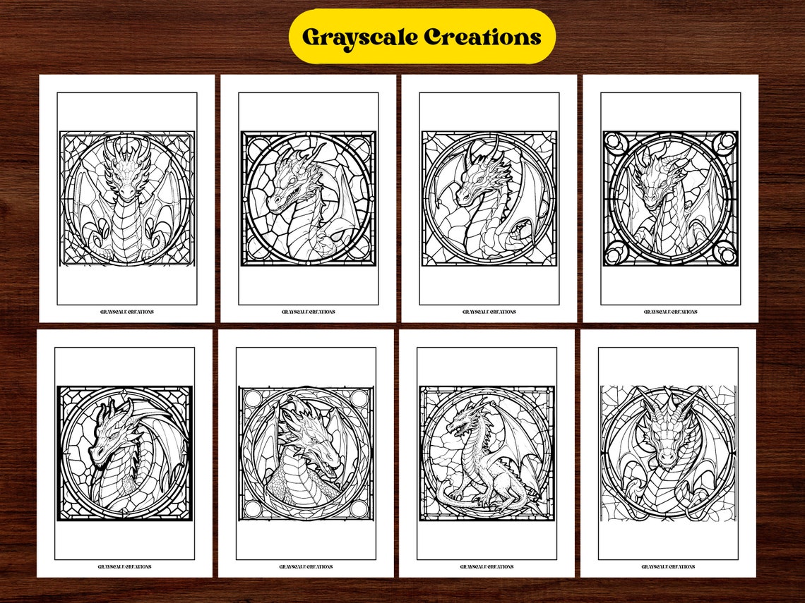 50 Stained Glass Dragon Coloring Page Book, Fantasy Creatures, Birthday ...