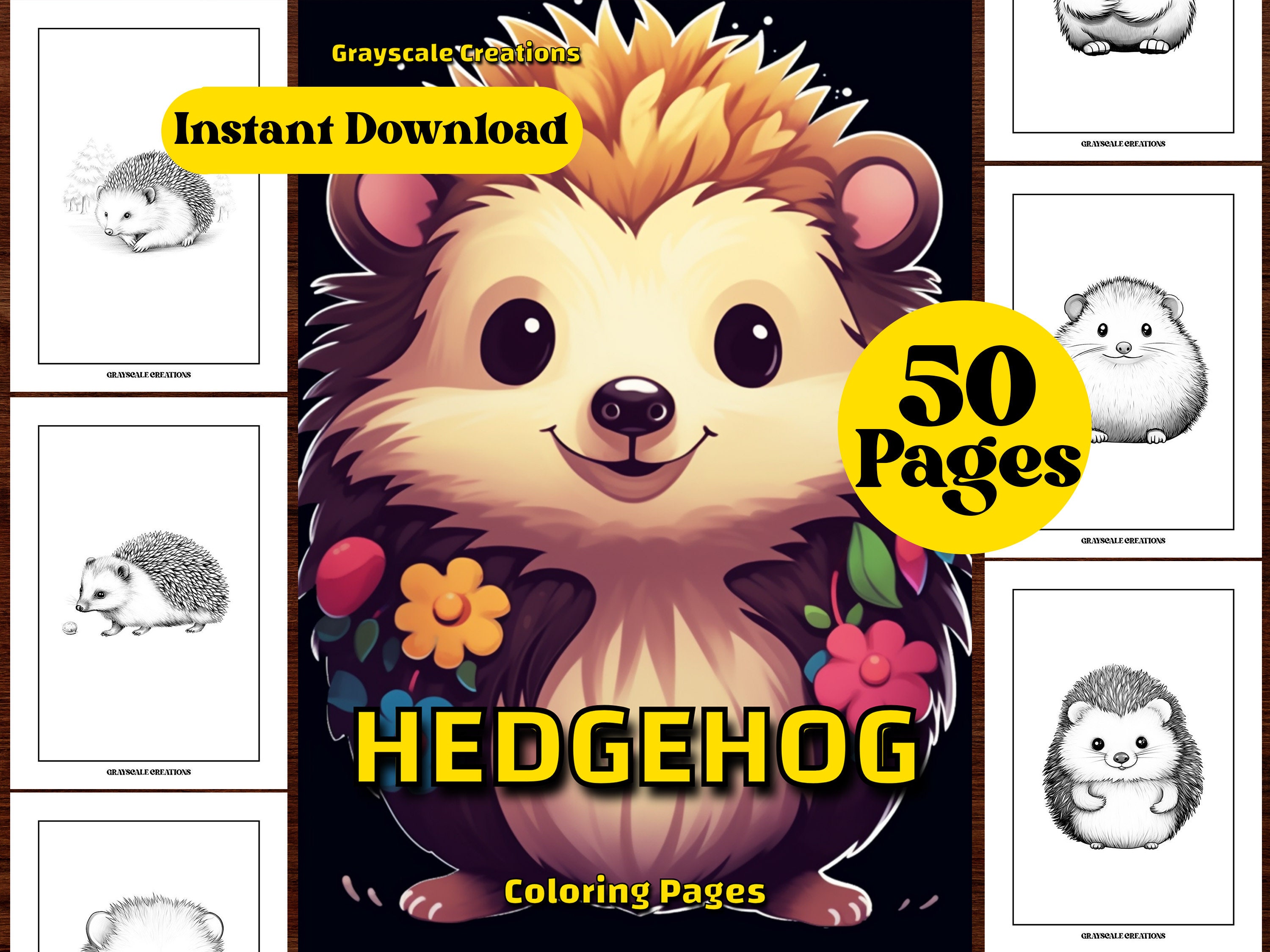 50 Hedgehog Animal Coloring Page Book, Woodland Wildlife Fantasy ...