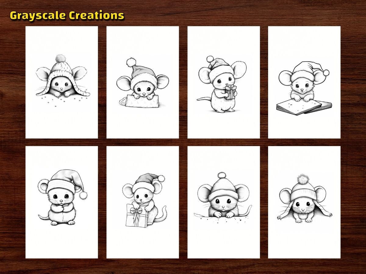 50 Christmas Mouse Coloring Page Book, Cute Rat Animal Xmas Winter ...