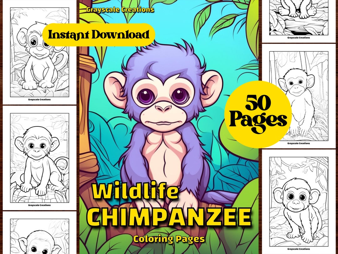 50 Cute Chimpanzee Coloring Page Book, Printable PDF Sheets, Instant ...