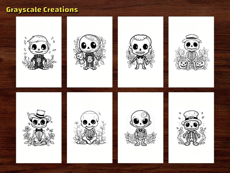 50 Cute Skeleton Coloring Page Book, Halloween Skull Bone Chibi Cartoon ...