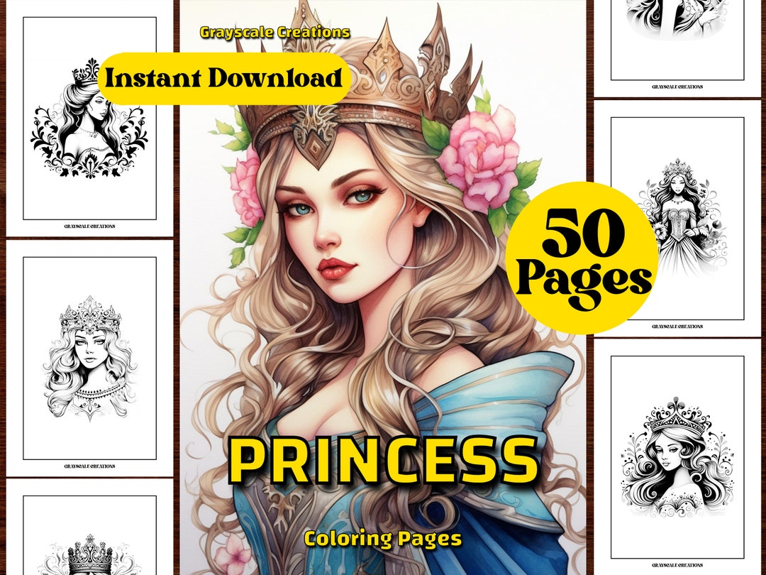 50 Princess Coloring Page Book, Fantasy Enchanted Creatures, Birthday ...