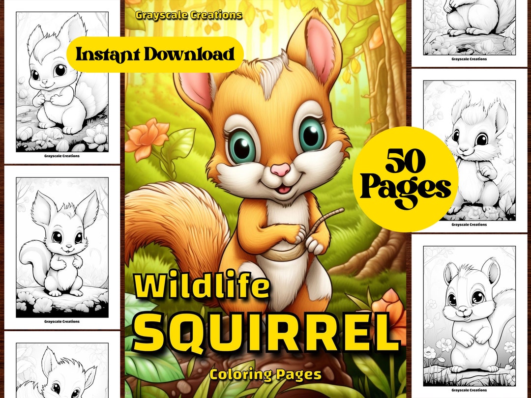 50 Cute Squirrel Coloring Page Book, Printable PDF Sheets, Instant ...