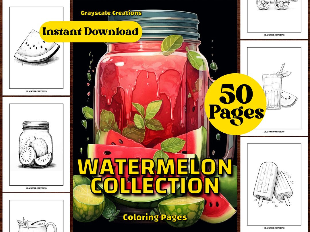 50 Watermelon Collection Coloring Page Book, Food Drinks Culinary ...