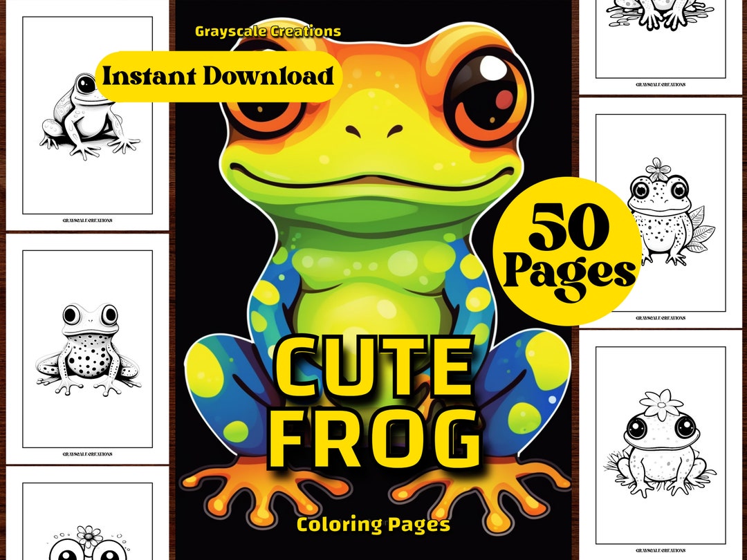50 Cute Frog Animal Coloring Page Book, Woodland Wildlife Fantasy ...