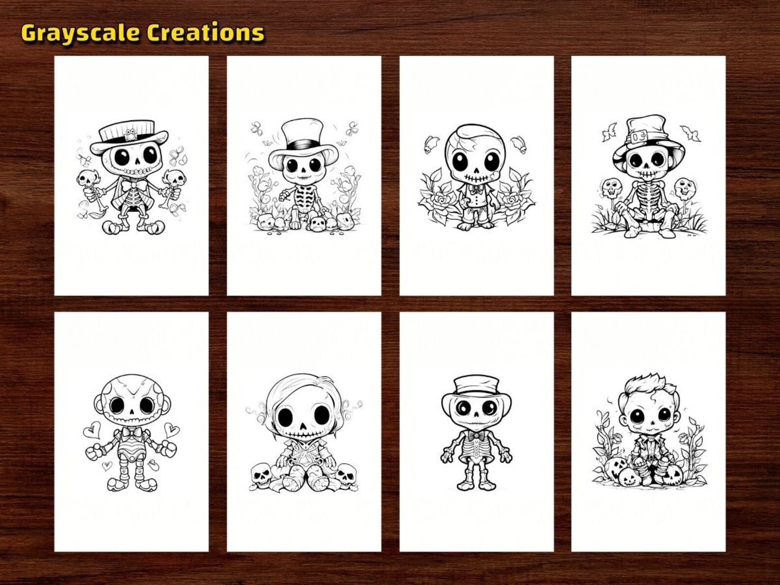50 Cute Skeleton Coloring Page Book, Halloween Skull Bone Chibi Cartoon ...
