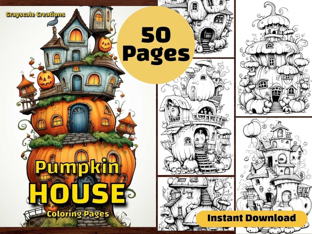 50 Pumpkin House Coloring Page Book, Printable PDF Sheets, Instant ...