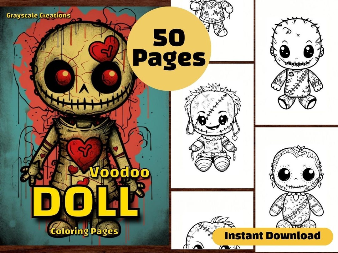 50 Voodoo Doll Coloring Page Book, Halloween Creepy Chibi Sinister ...