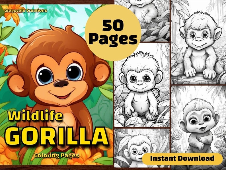 50 Cute Gorilla Coloring Page Book Printable PDF Sheets - Etsy