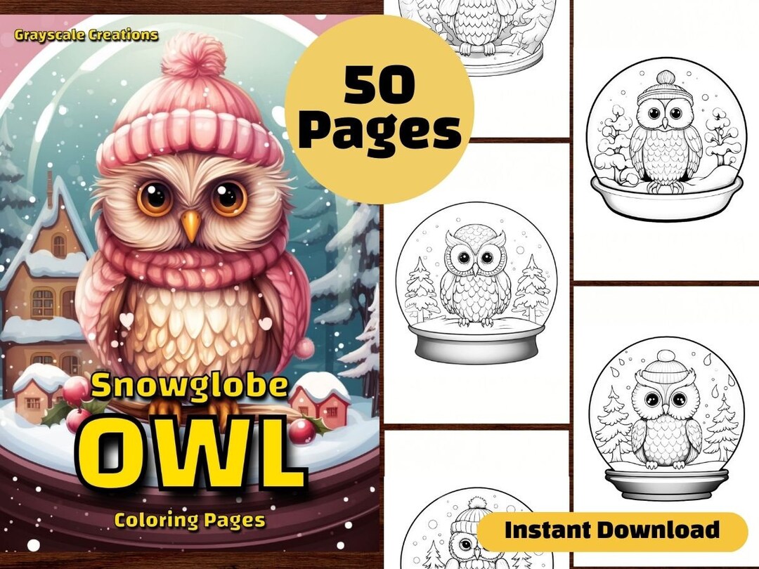 50 Owl Snowglobe Coloring Page Book, Snow Glass Bird Christmas Winter ...