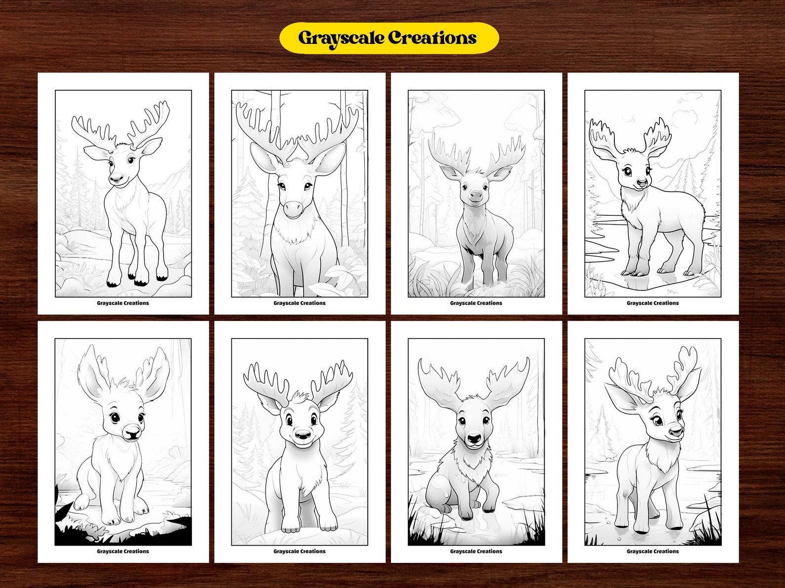 50 Cute Moose Coloring Page Book, Printable PDF Sheets, Instant ...