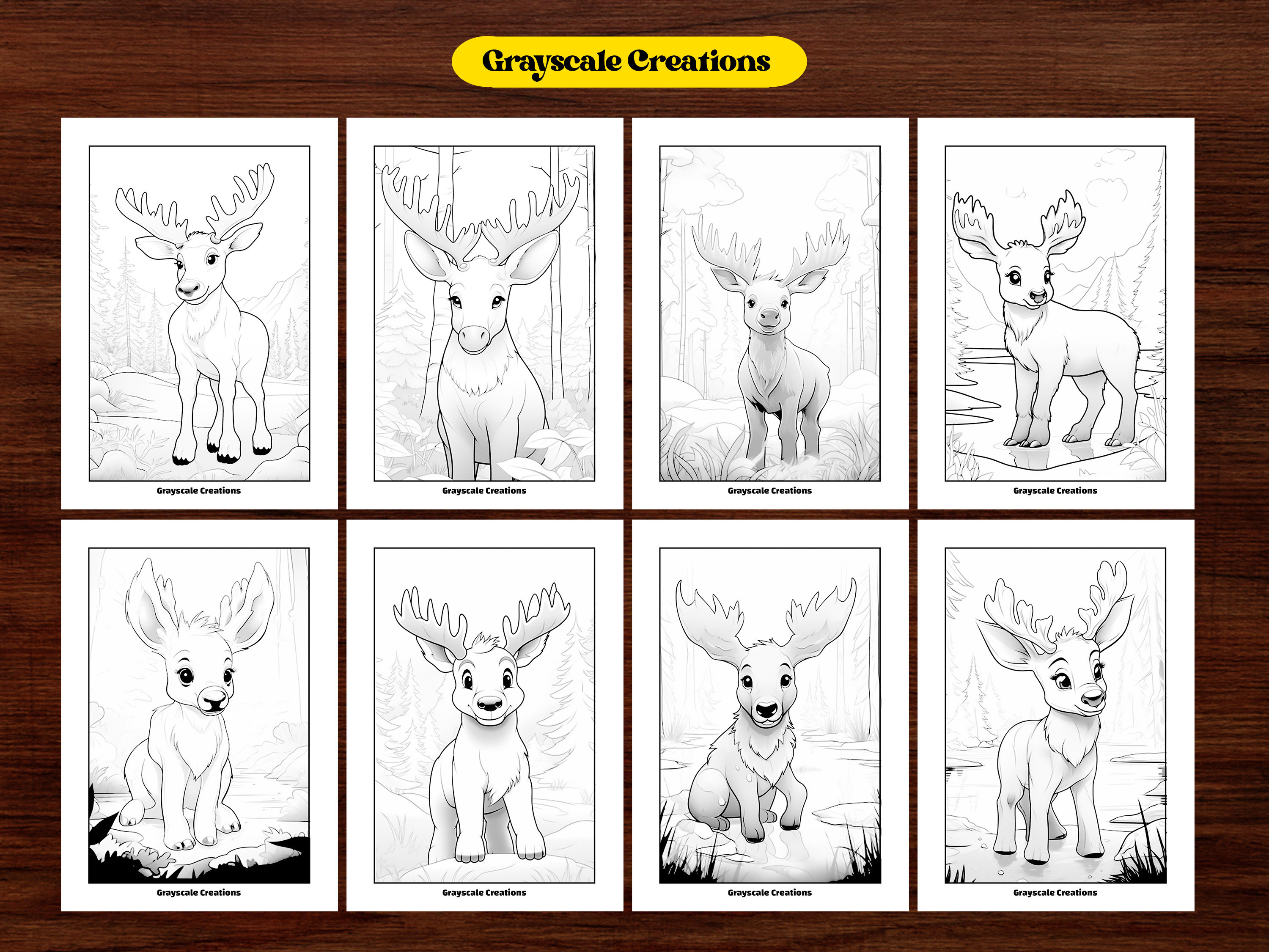 50 Cute Moose Coloring Page Book, Printable PDF Sheets, Instant ...