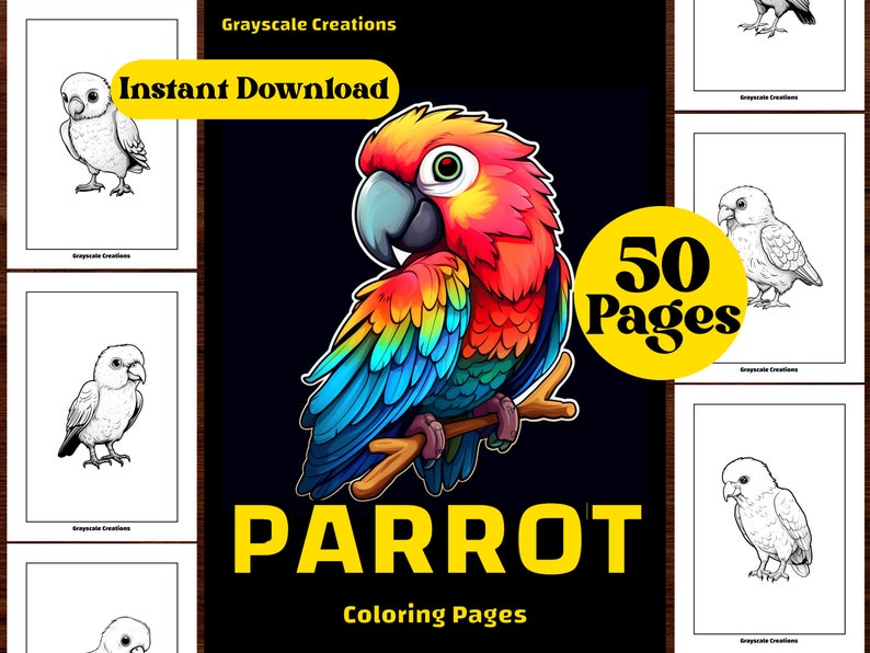 50 Parrot Animal Coloring Page Book, Woodland Wildlife Fantasy ...
