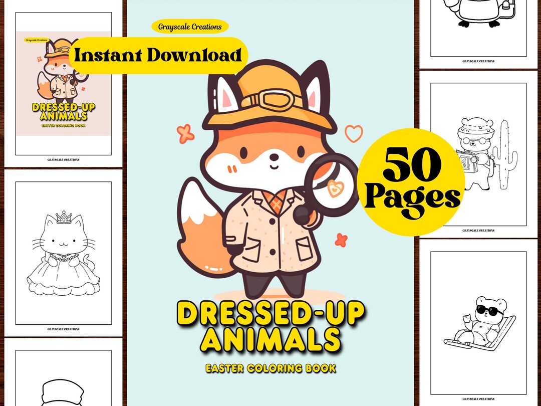 50 Dressed-up Animals Coloring Page Book, Easter Activity, Cozy Kawaii ...