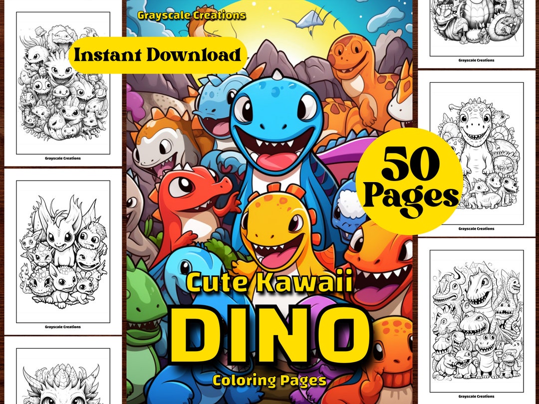 50 Dino Kawaii Cute Doodle Coloring Page Book, Printable PDF Sheet ...