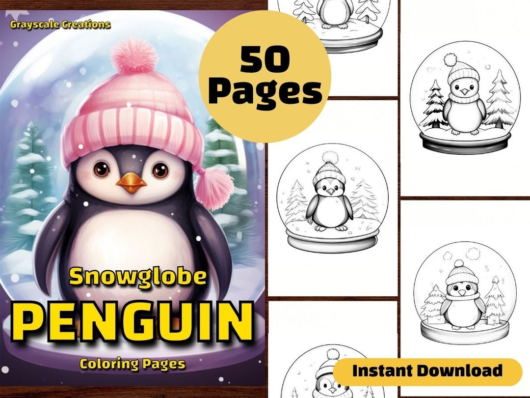 50 Penguin Snowglobe Coloring Page Book, Snow Glass Animal Christmas ...