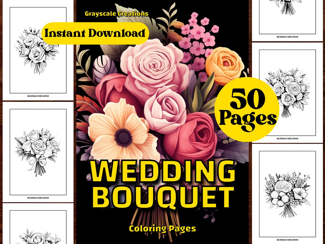 50 Wedding Bouquet Coloring Page Book, Nature Botanical Flower Floral ...