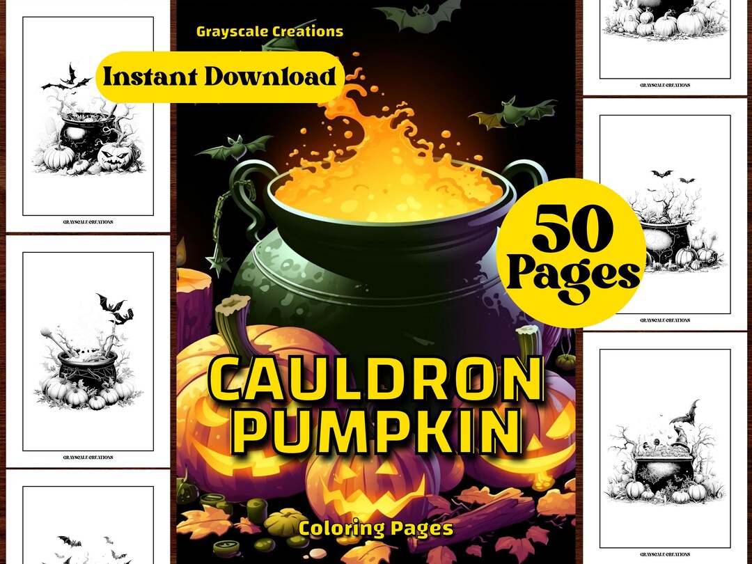 50 Cauldron Pumpkin Coloring Page Book, Halloween Cartoon Creepy ...