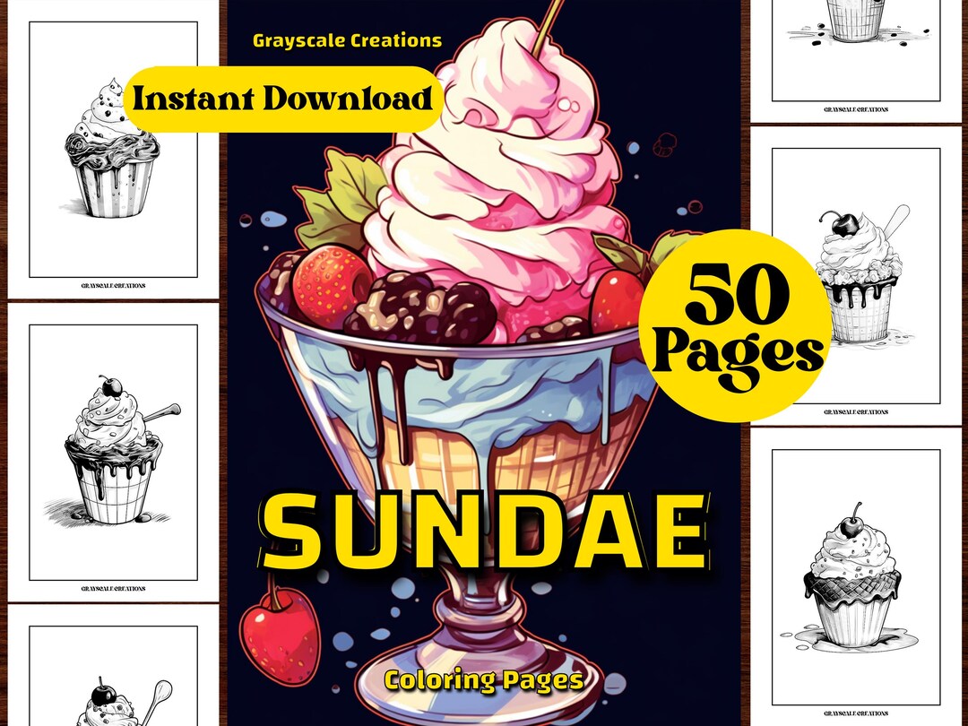 50 Sundae Coloring Page Book, Food Beverage Drink Culinary, Printable ...