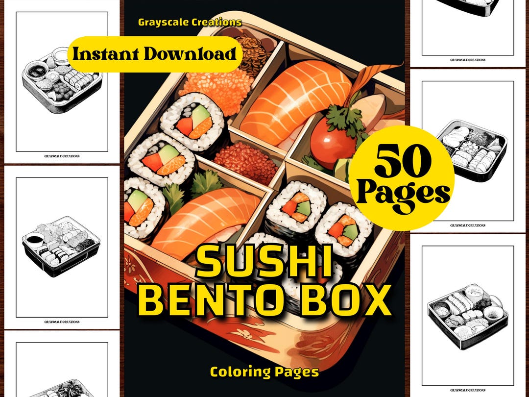 50 Sushi Bento Box Coloring Page Book, Food Beverage Drink Culinary ...