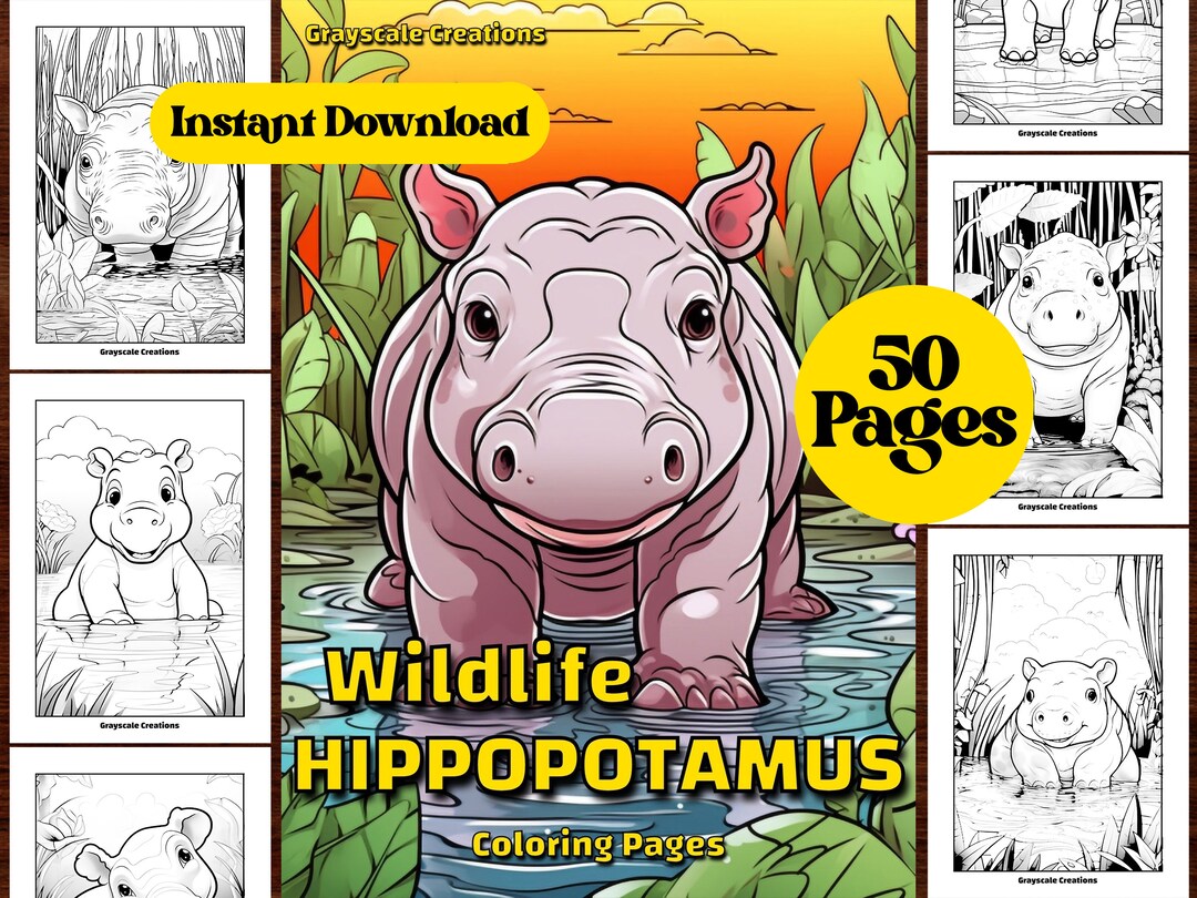 50 Cute Hippopotamus Coloring Page Book, Printable PDF Sheets, Instant ...