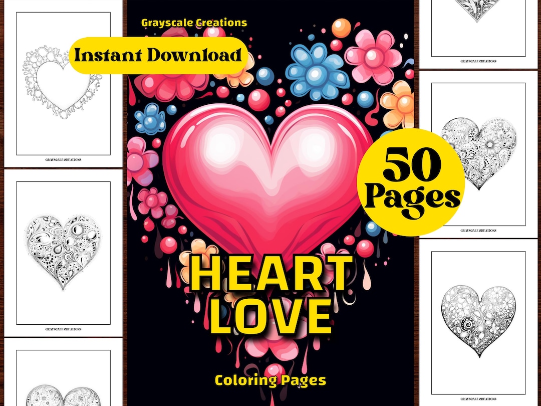 50 Heart Love Coloring Page Book, Love St Valentines Romance, Printable ...