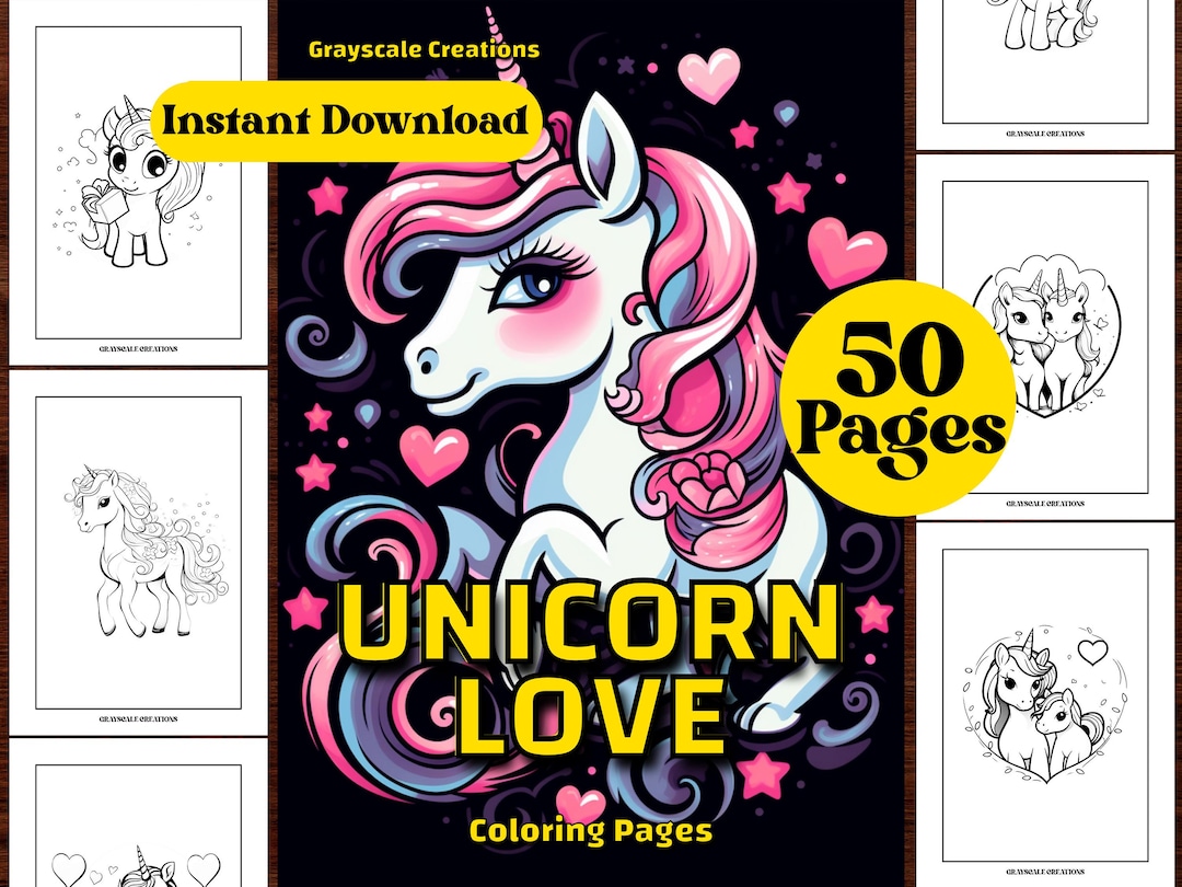 50 Unicorn Love Coloring Page Book, Love St Valentines Romance ...