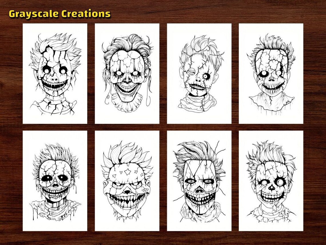 50 Creepy Clown Head Coloring Page Book, Halloween Circus Chibi ...