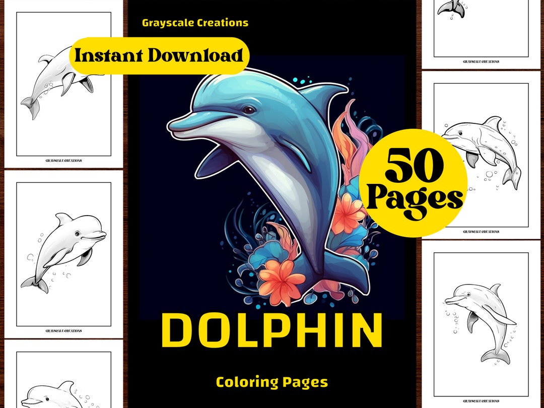 50 Dolphin Animal Coloring Page Book, Sea Life Ocean Fantasy, Birthday ...