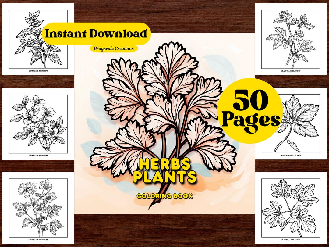 50 Plants Herbs Realistic Coloring Page Book, Floral Nature Mindfulness ...