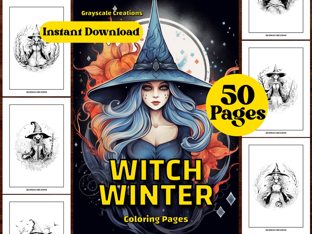 50 Winter Witch Coloring Page Book, Fantasy Enchanted Creatures ...