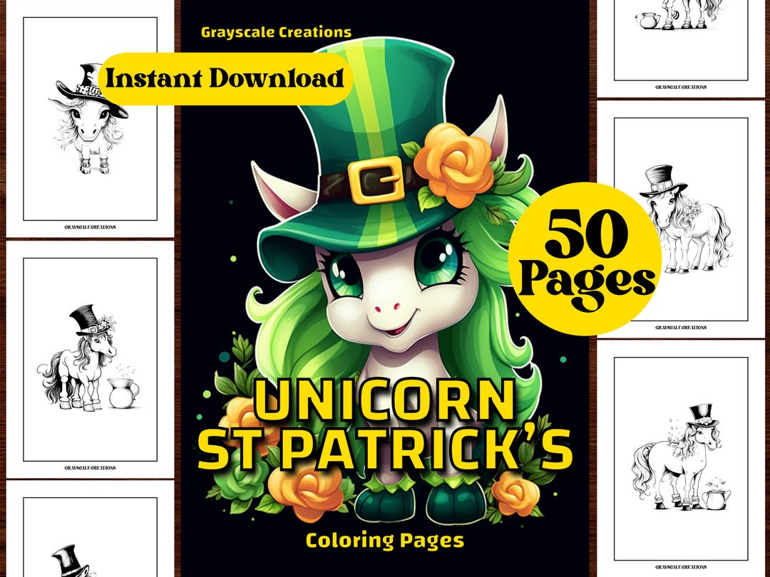 50 Unicorn St Patrick Day Coloring Page Book, Patty Irish, Printable ...