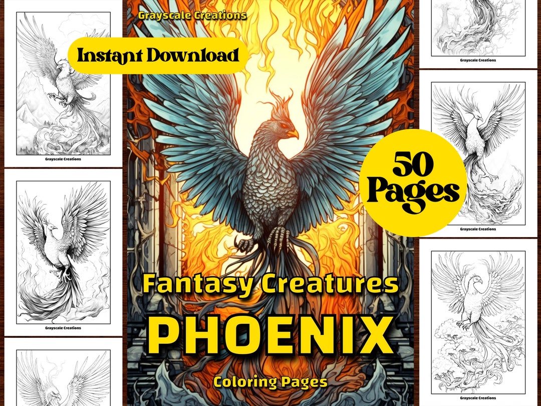 50 Phoenix Coloring Page Book, Printable PDF Sheets, Instant Download ...