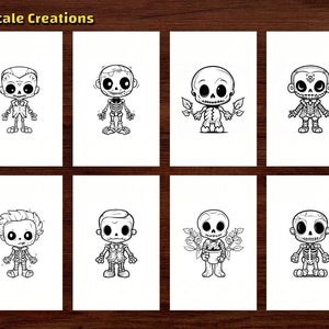 50 Cute Skeleton Coloring Page Book, Halloween Skull Bone Chibi Cartoon ...