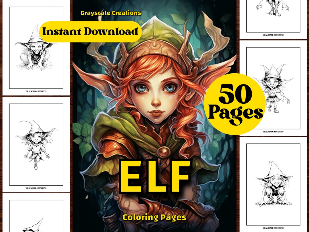 50 Elf Coloring Page Book, Fantasy Enchanted Creatures, Birthday ...