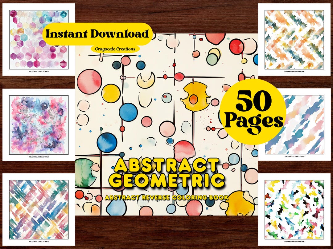 50 Geometric Abstract Reverse Coloring Page Book, Watercolor Abstract ...