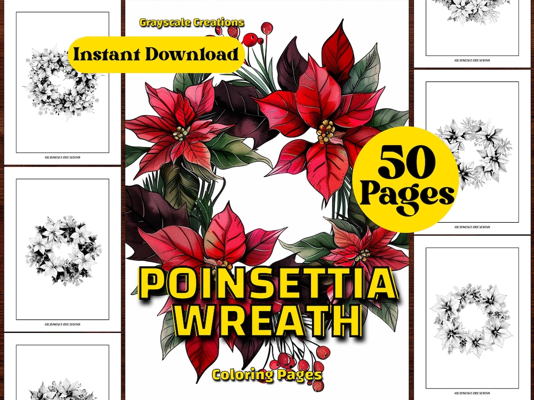 50 Poinsettia Wreath Coloring Page Book, Christmas Creature Xmas Winter ...