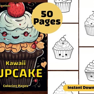 50 Cupcake Coloring Page Book Sweet Cake Food Cute Kawaii - Etsy