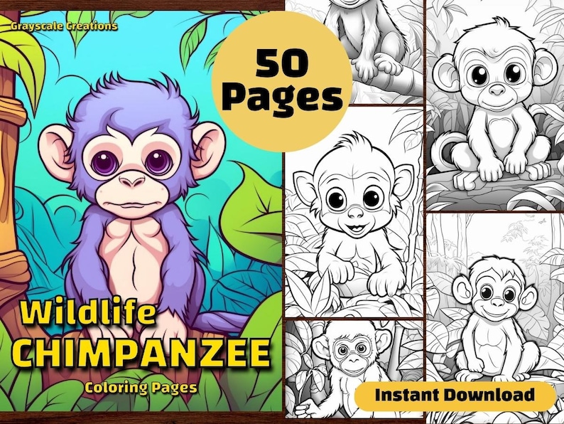 50 Cute Chimpanzee Coloring Page Book Printable PDF Sheets - Etsy