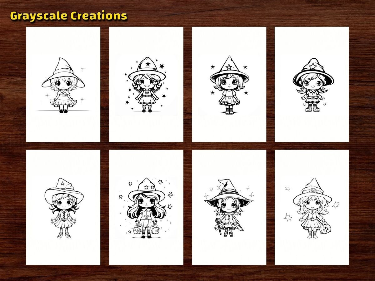 50 Chibi Witch Coloring Page Book Halloween Sorcerer Wizard - Etsy