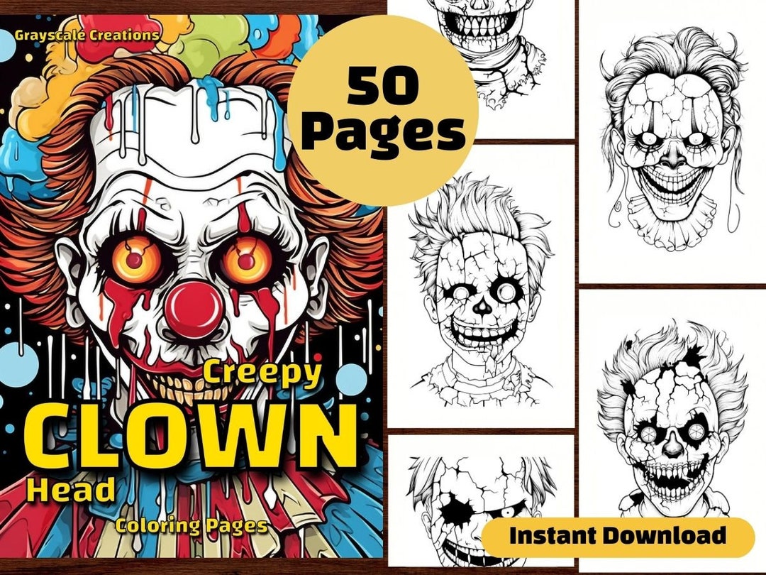 50 Creepy Clown Head Coloring Page Book, Halloween Circus Chibi ...