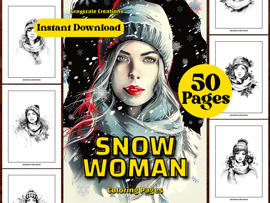 50 Snow Woman Coloring Page Book, Christmas Snow Creature Xmas Winter ...