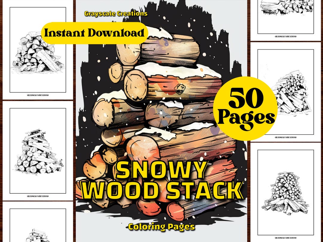 50 Snowy Wood Stack Coloring Page Book, Christmas Creature Xmas Winter ...