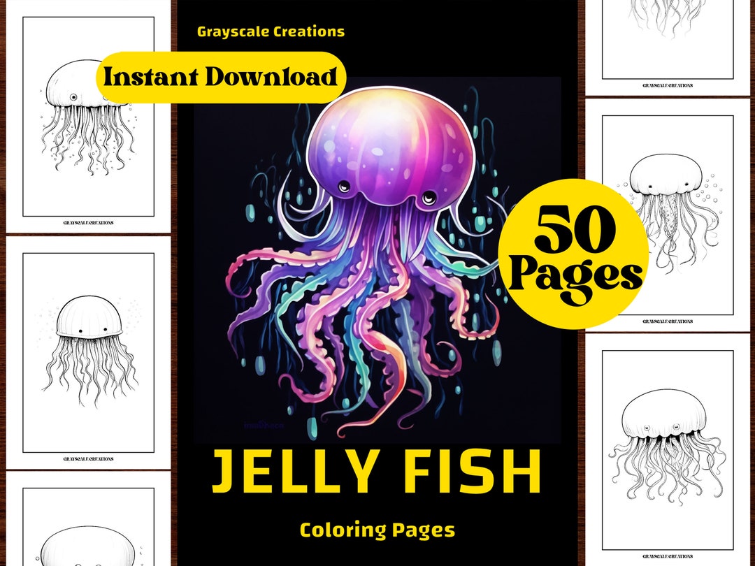 50 Jelly Fish Animal Coloring Page Book, Sea Life Ocean Fantasy ...