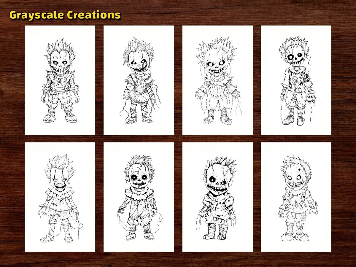 50 Creepy Clown Coloring Page Book, Halloween Circus Chibi Horror ...