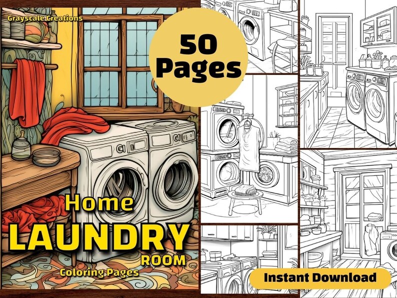 50 Laundry Room Coloring Page Book, Printable PDF Sheets, Instant ...