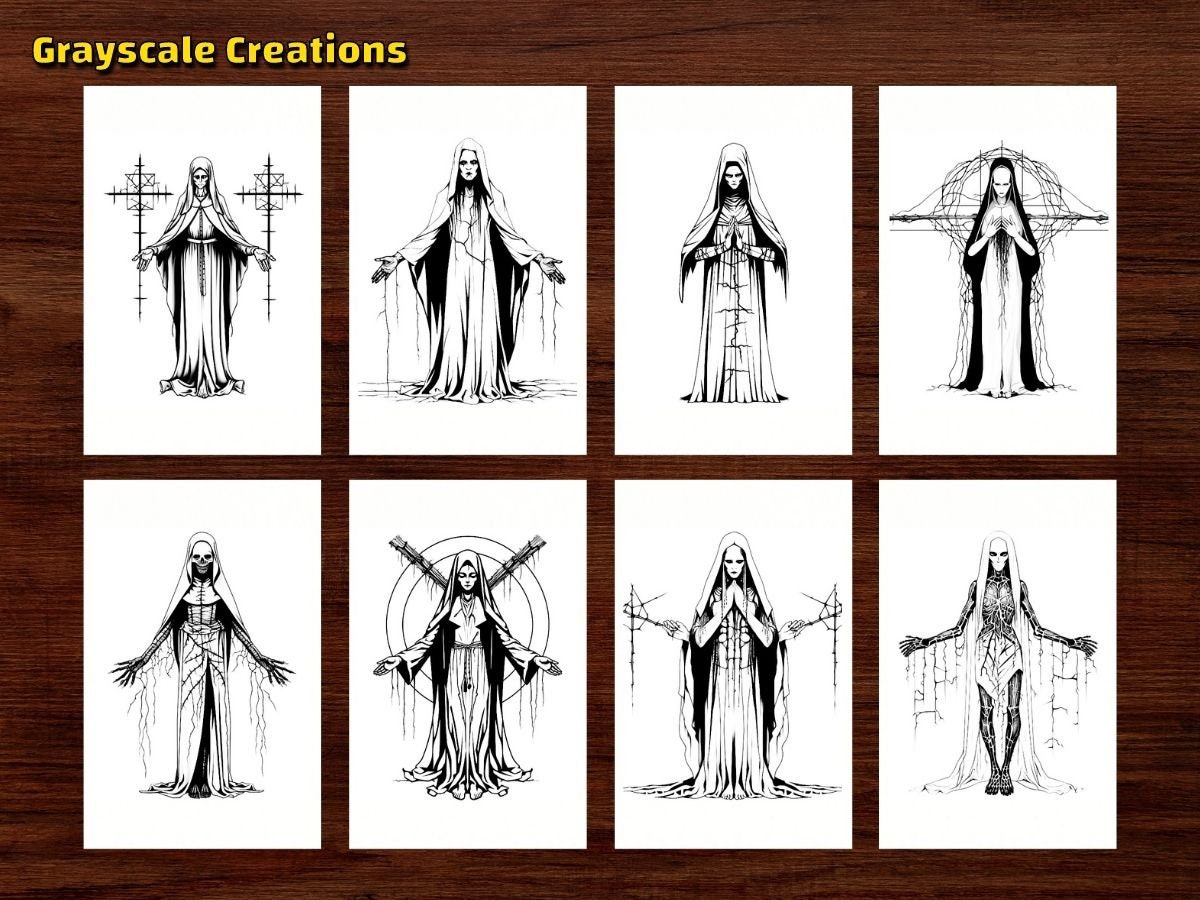 50 Creepy Nun Coloring Page Book, Halloween Religious Cartoon ...