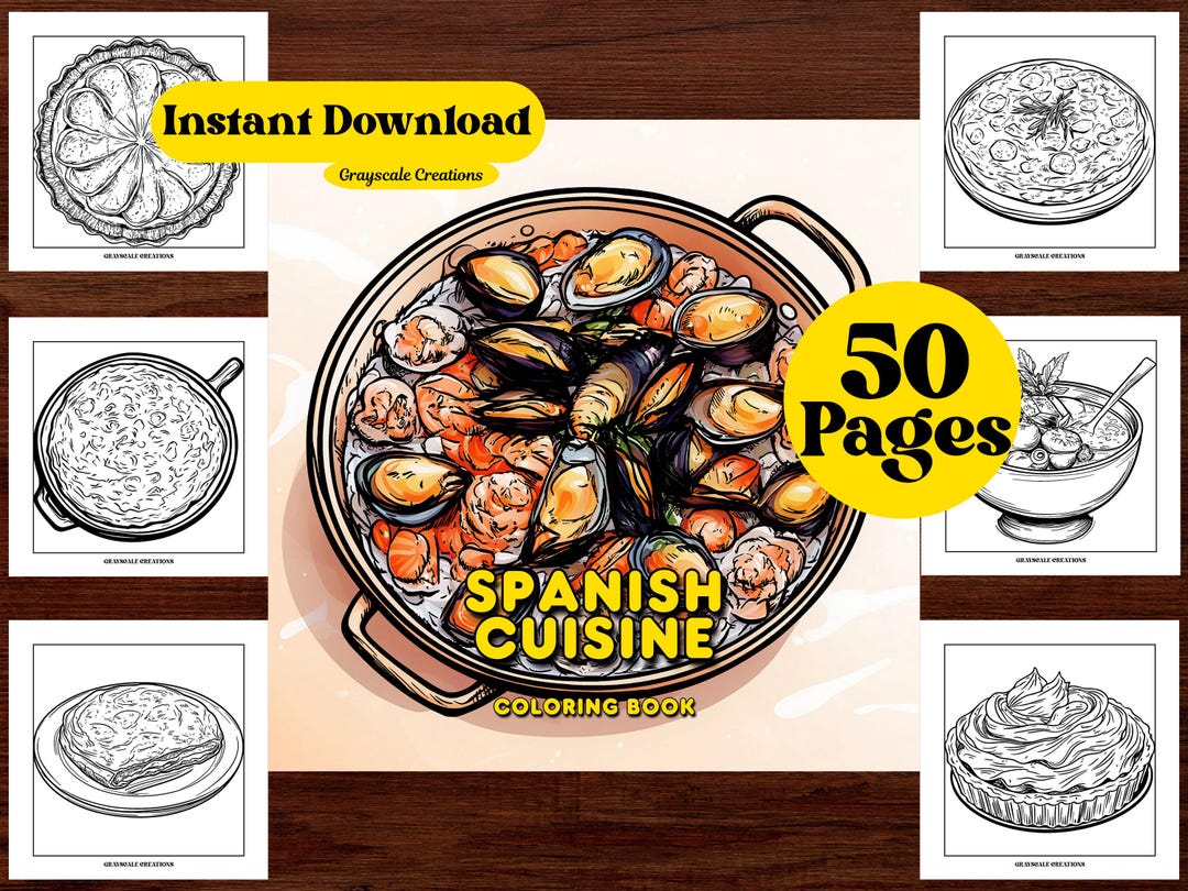 50 Spanish Cuisine Coloring Page Book, Food Beverage Culinary ...