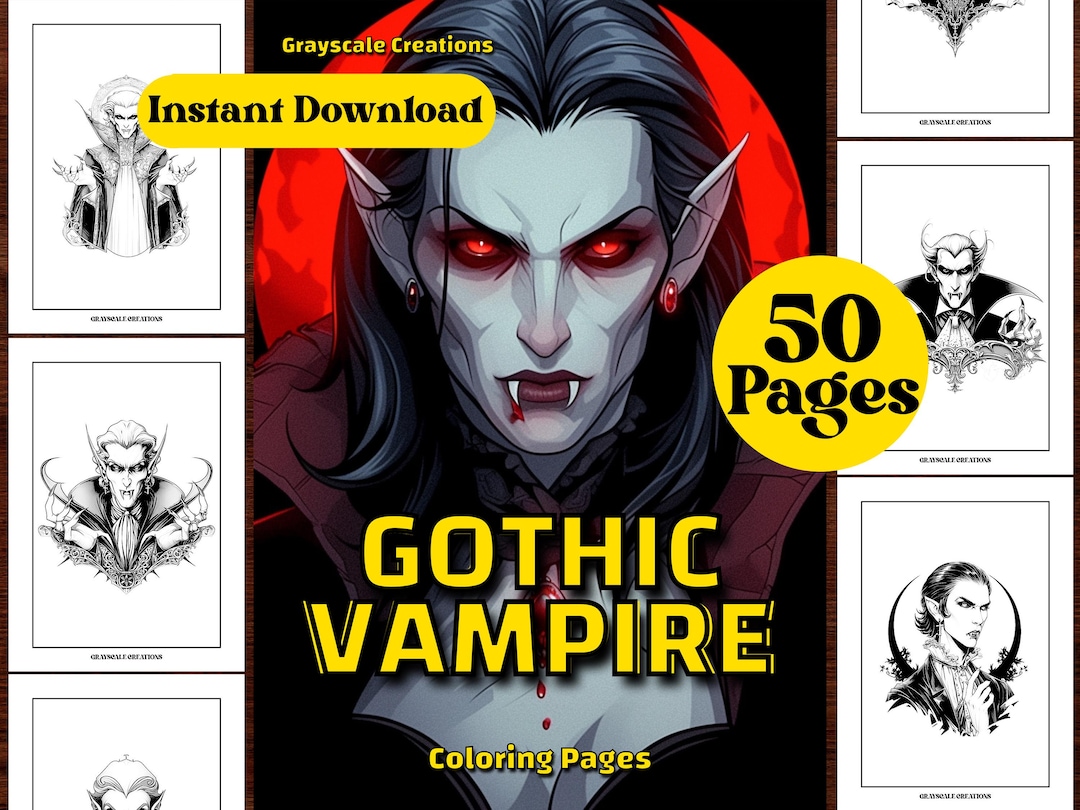 50 Gothic Vampire Coloring Page Book, Halloween Cartoon Creepy ...